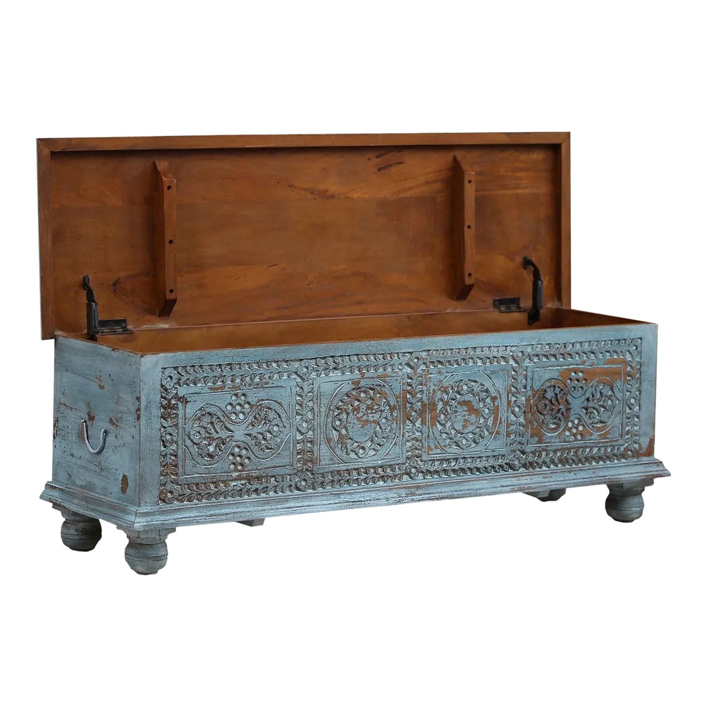 Farmhouse Style Distressed Blue Hand Carved Long Bed End Blanket Chest ...