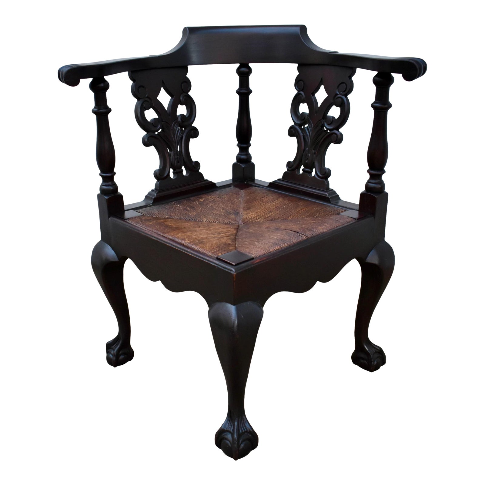 Antique Carved Mahogany Georgian Style Corner Chair With Rush Seat ...
