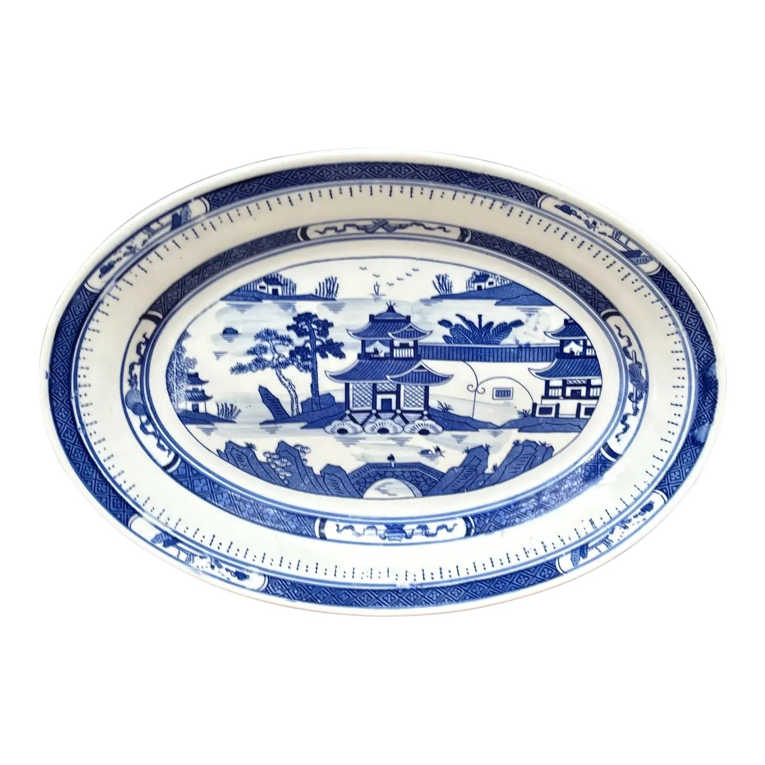 Large Chinese Blue/White Ceramic Serving Platter | Chairish