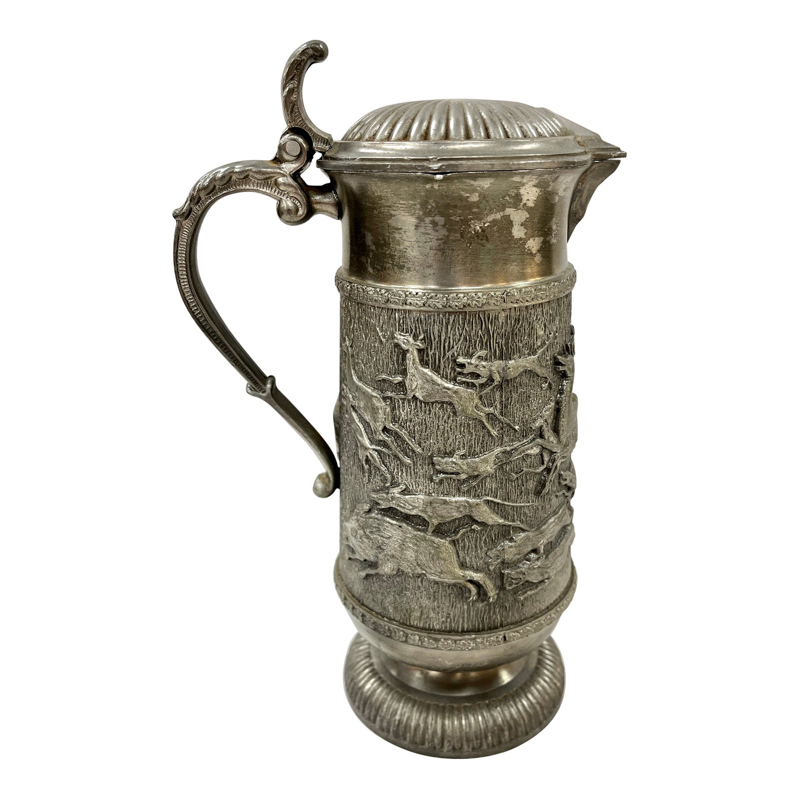 Vintage Pewter Embossed Hunting Scene Lidded Pitcher | Chairish