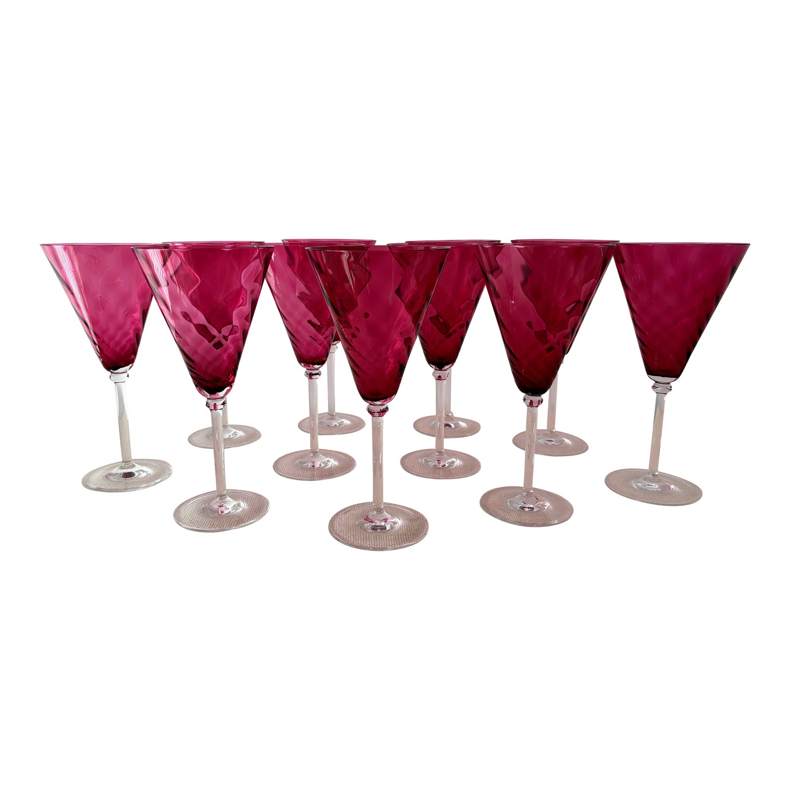 1960s Cranberry Optic Swirl Wine / Water Glasses, Set of 11, Attributed ...