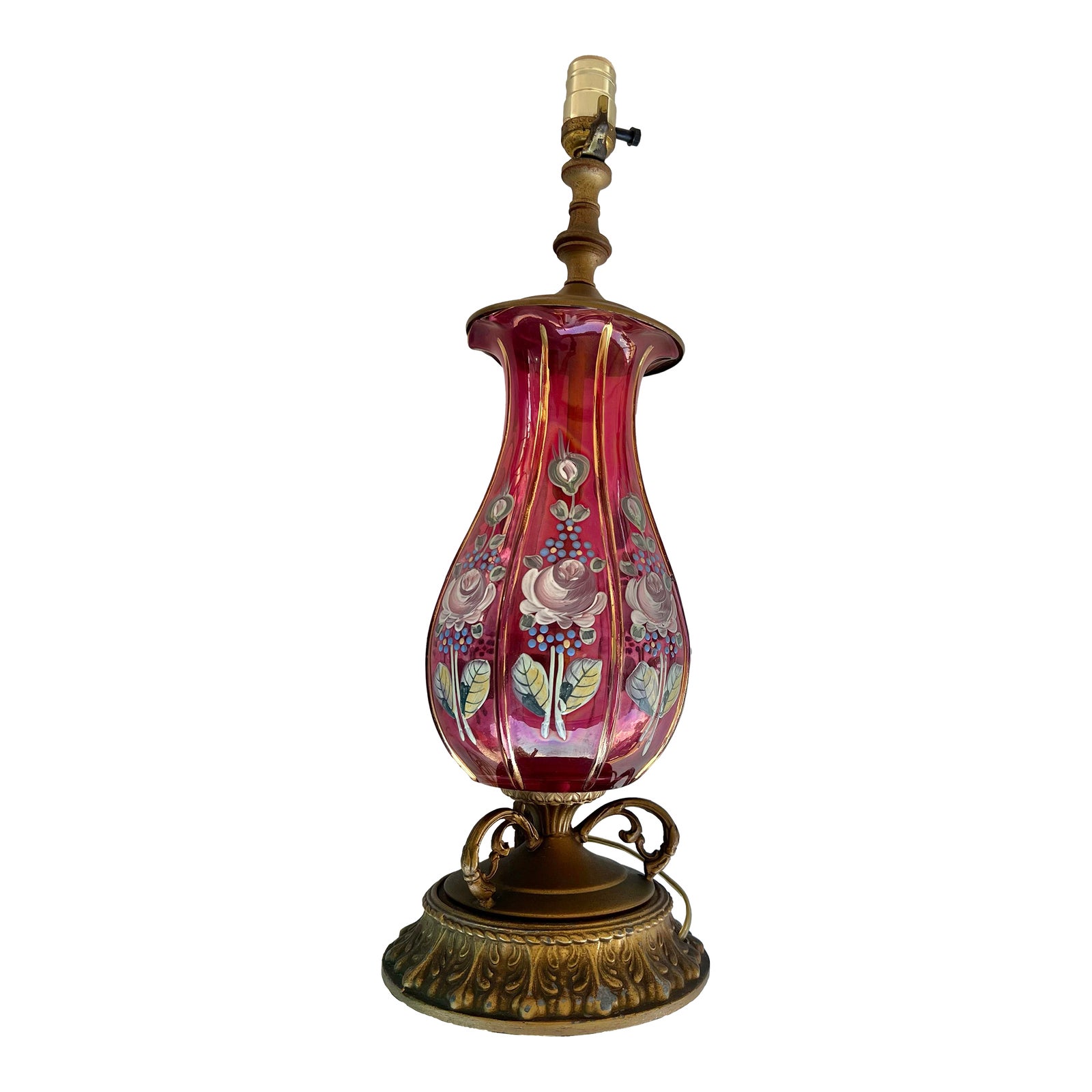 Vintage Hand Painted Raspberry Glass Lamp | Chairish