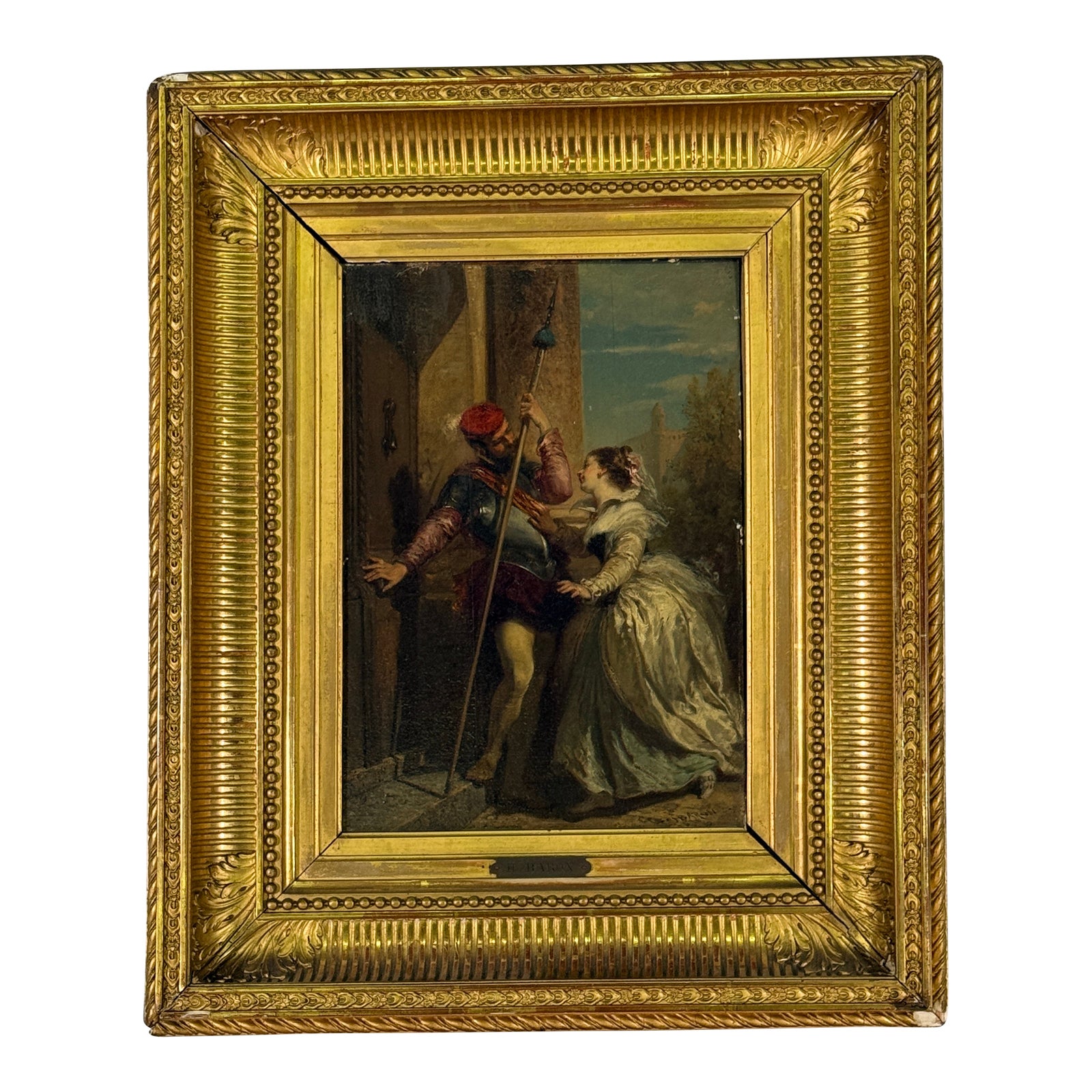 Mid 19th Century Oil on Board Romantic Painting of a Lady & Guard ...