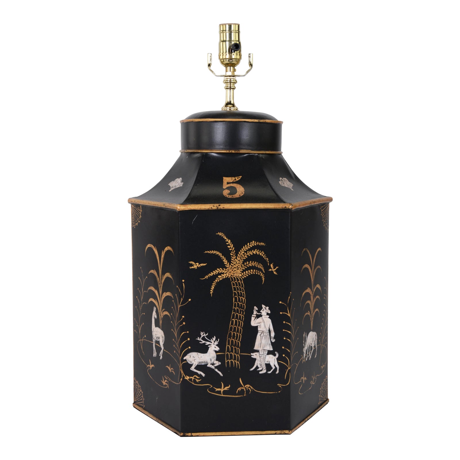 Late 20th Century Tea Caddy Lamp With Black Background and Gold-White ...