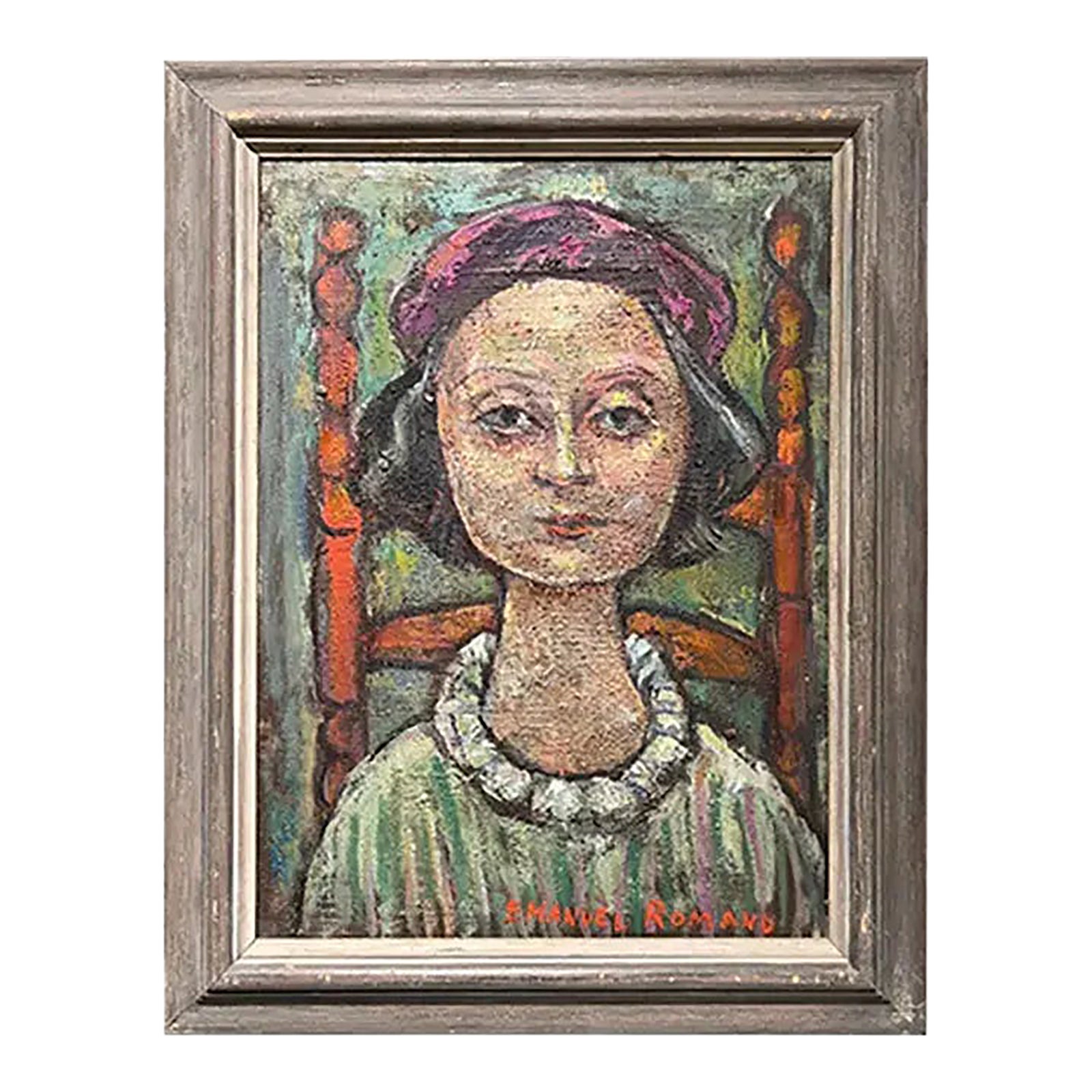 1954 E. Romano "Beatrice in Violet Beret" Oil Painting on Artist Board ...