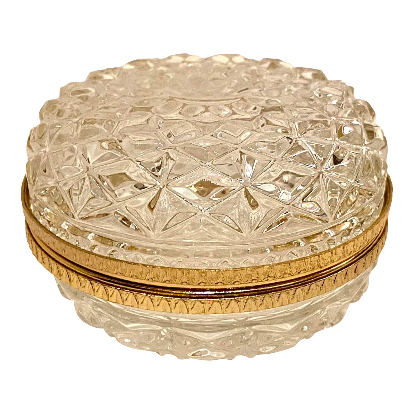 Vintage Hinged Round Crystal Glass Trinket Jewelry Dresser Box | Chairish
