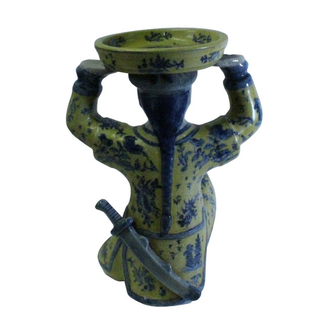 Oriental Vintage Ceramic Yellow Blue Flower Man Holding Dish Figure ...