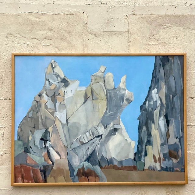 Vintage Boho Modernist Landscape Oil on Canvas Painting | Chairish