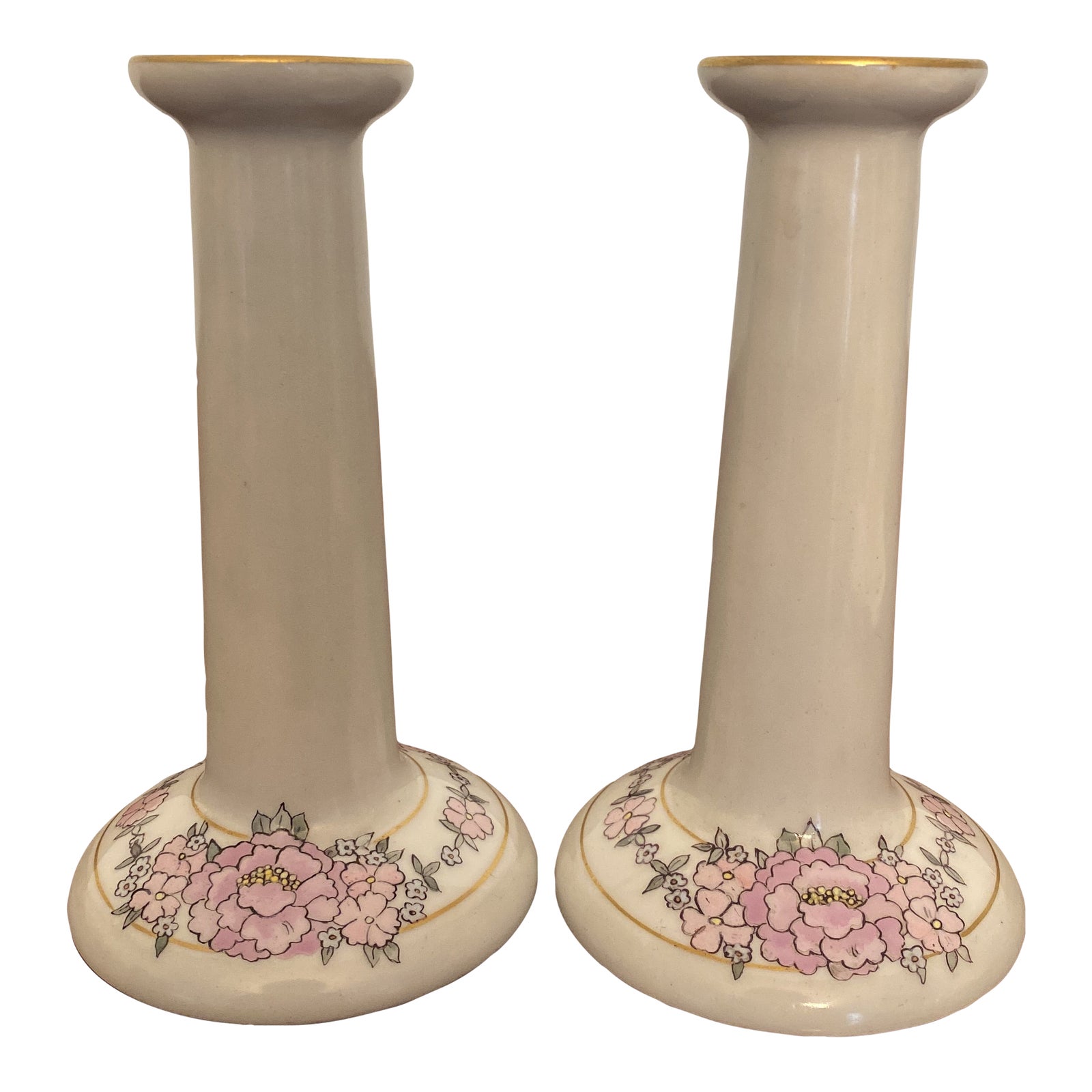 Early 20th Century Limoges Pink Rose Candlesticks a Pair | Chairish