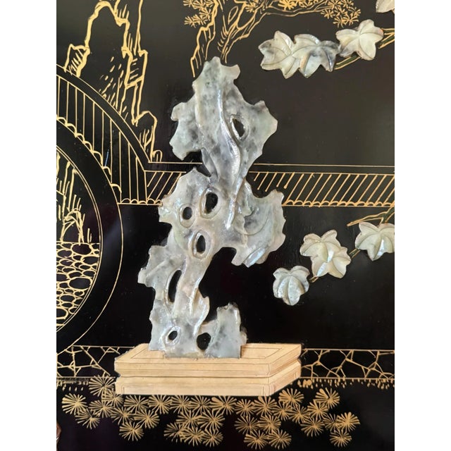 Chinese Black Lacquer and Carved Inlaid Hard Stone Four Panel Screen ...