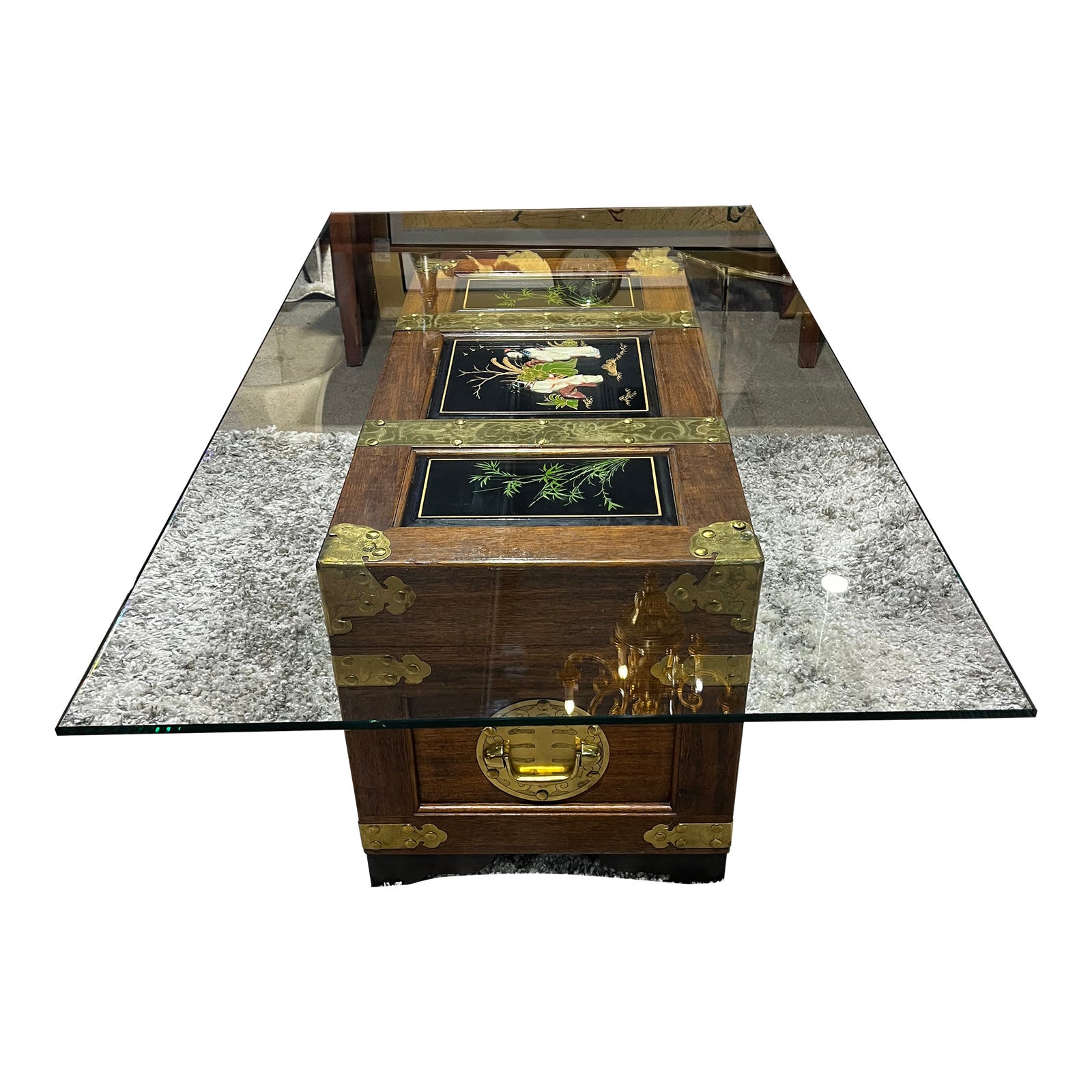 Asian Black Wood Chest Table With Glass Top - Set of 2 | Chairish