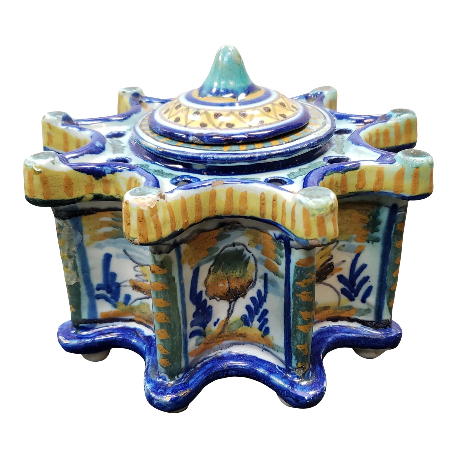 Circa 1900 Spanish Talavera Faience Pottery Inkwell | Chairish