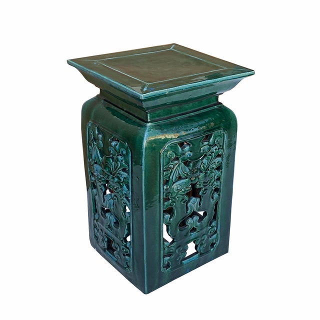 Ceramic Clay Green Square Tall Pedestal Table Bats Dragons Stand | Chairish
