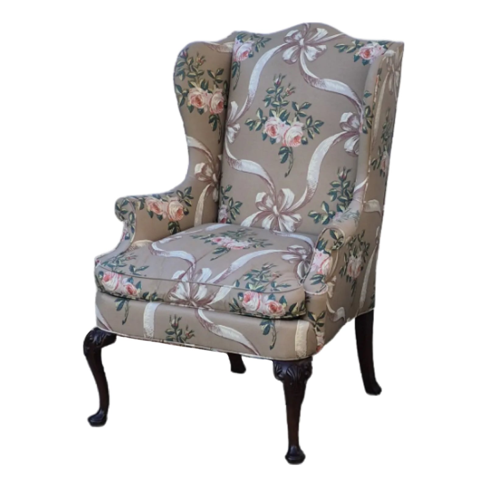 Late 20th Century Hickory Chair Cocoa Brown Rose and Ribbon Pattern ...