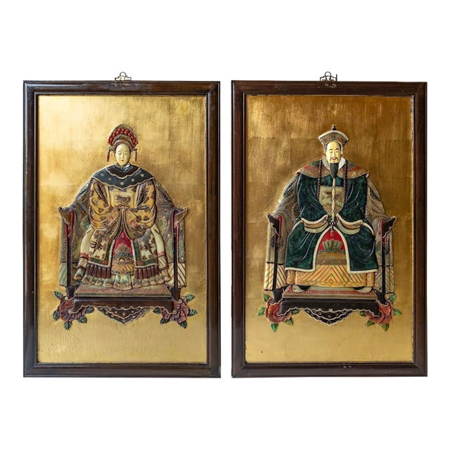 Pair of Large Chinese Shoushan Carved Hardstone Relief Emperor and ...
