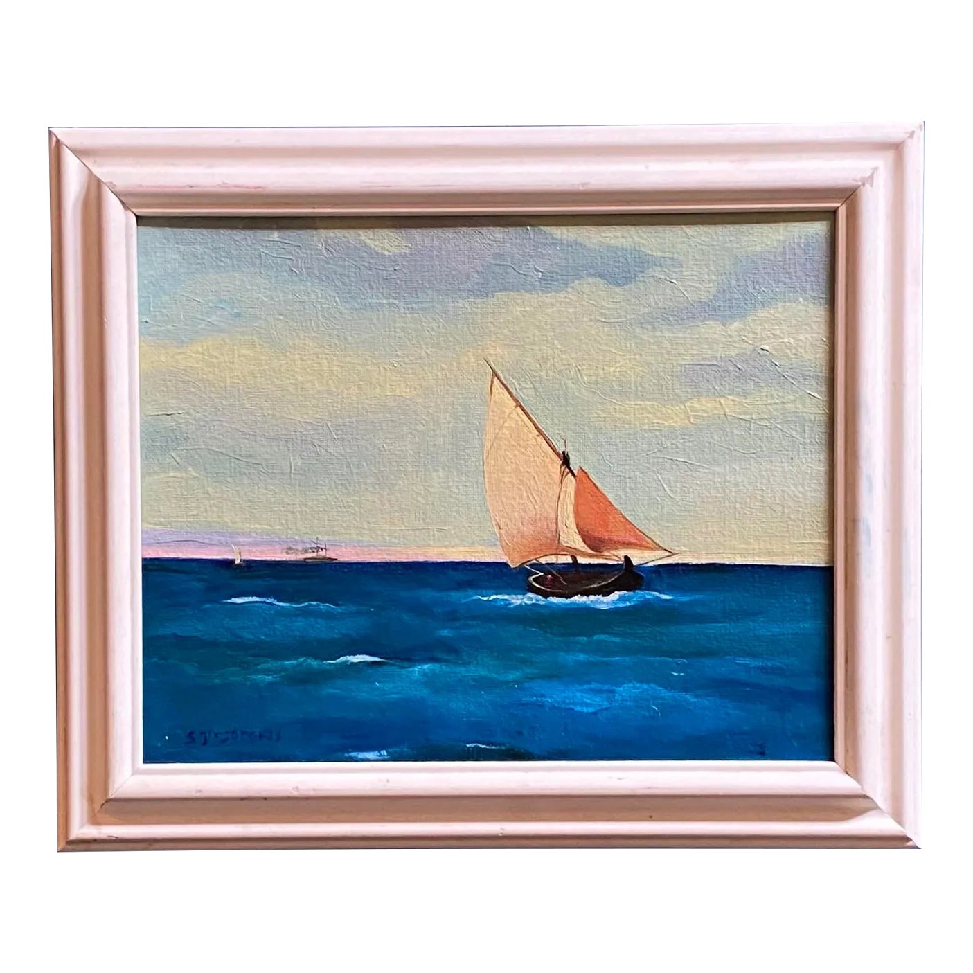 Oil Painting of a Seascape With Sloop, Framed | Chairish
