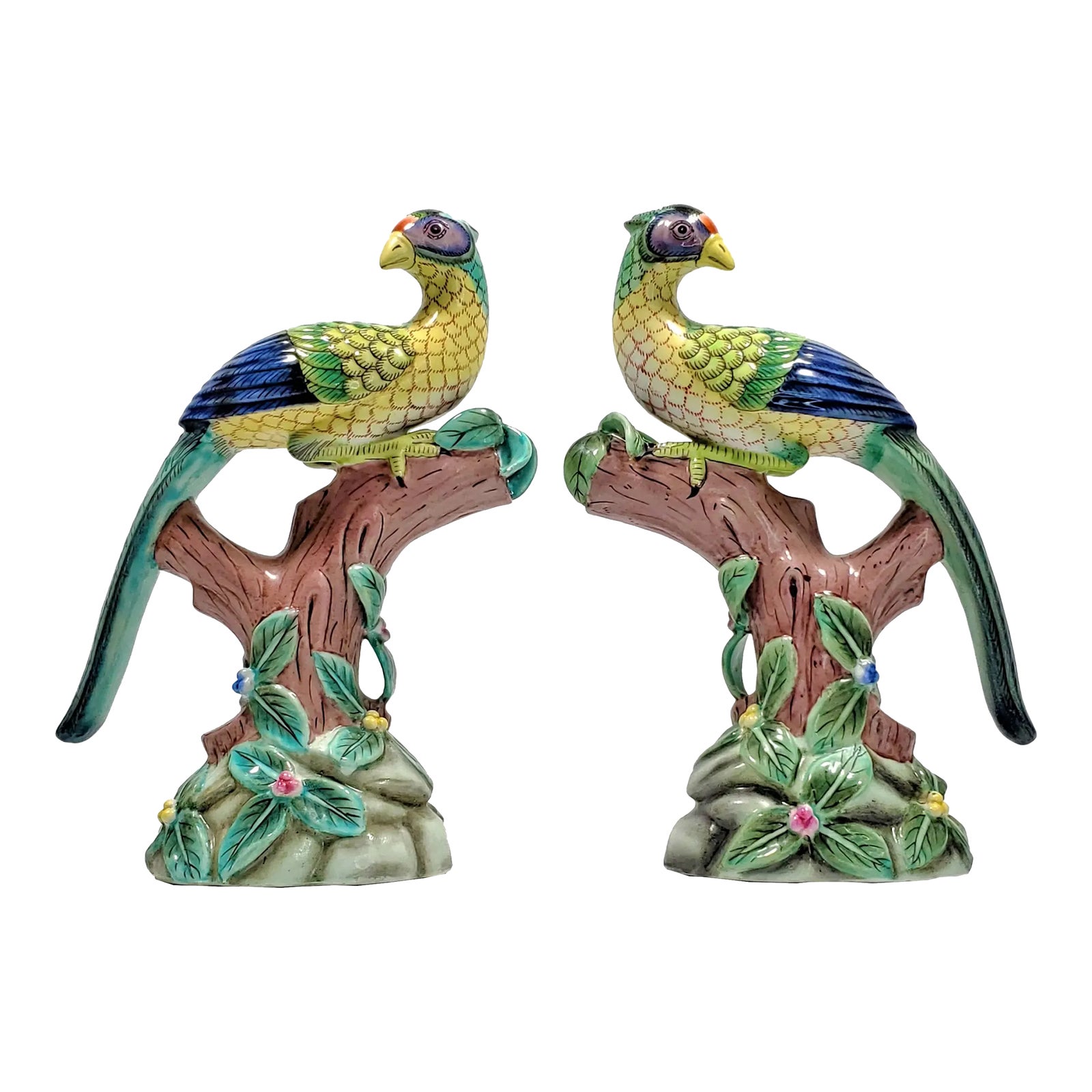 Pair Parrot Phoenix or Peacock Bird Figurine Table Sculptures - Hand ...