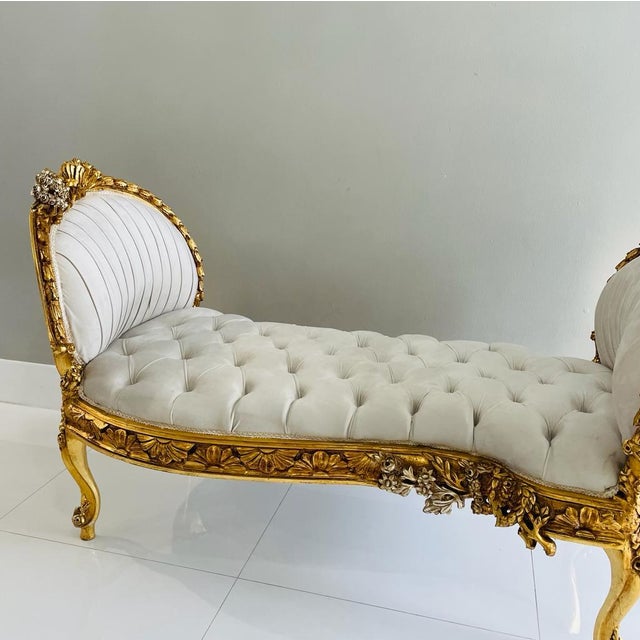 Marquis French Tufted Velvet & Gold Frame Bench | Chairish