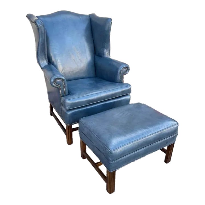 Ethan Allen Chippendale Style Blue Leather Wingback Armchair With ...
