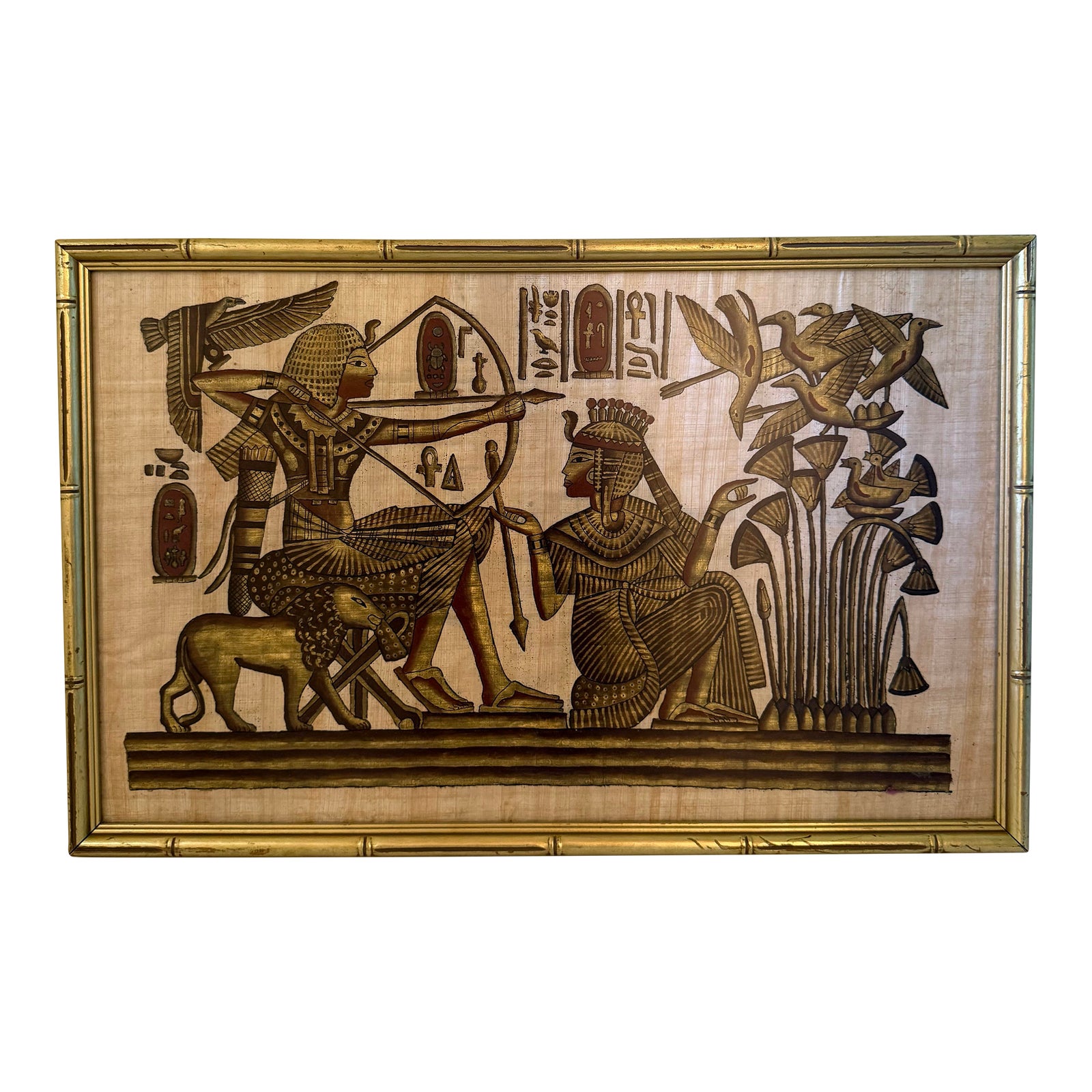Mid 20th Century Framed Egyptian Papyrus Painting - Pharaoh and Queen ...