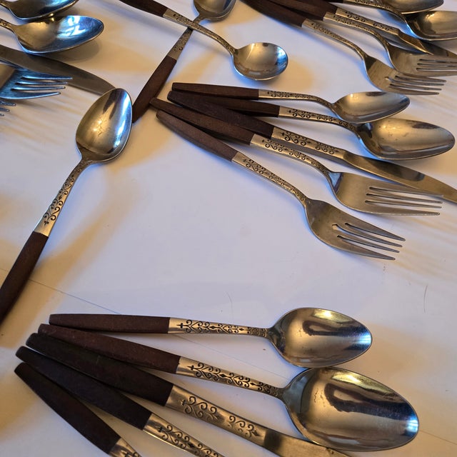 Mid Century Wood Handled Flatware - Set of 62 | Chairish