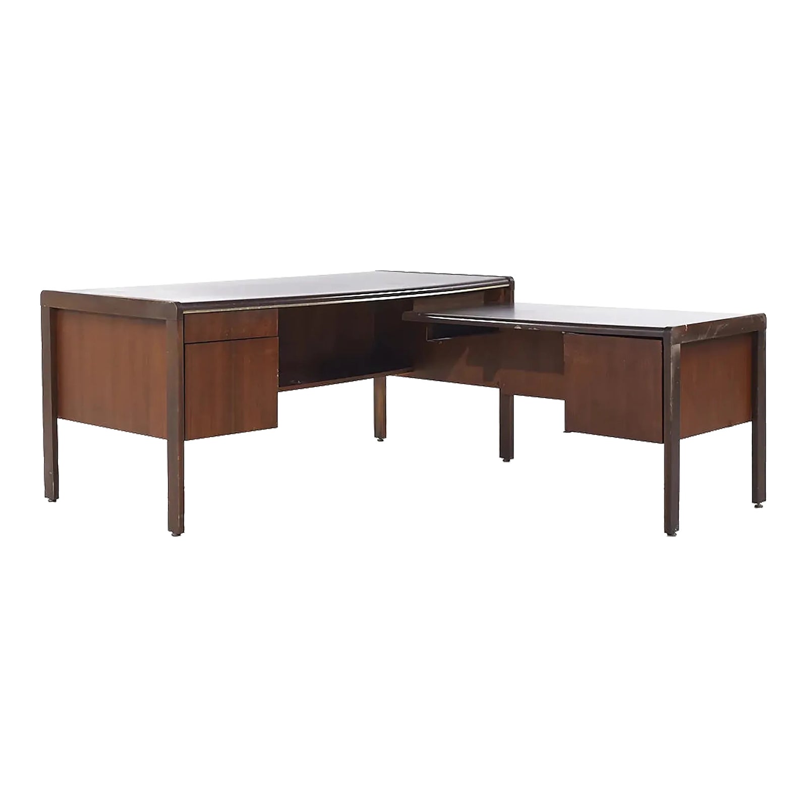 Kimball Style Mid Century Walnut and Leather Desk With Return | Chairish