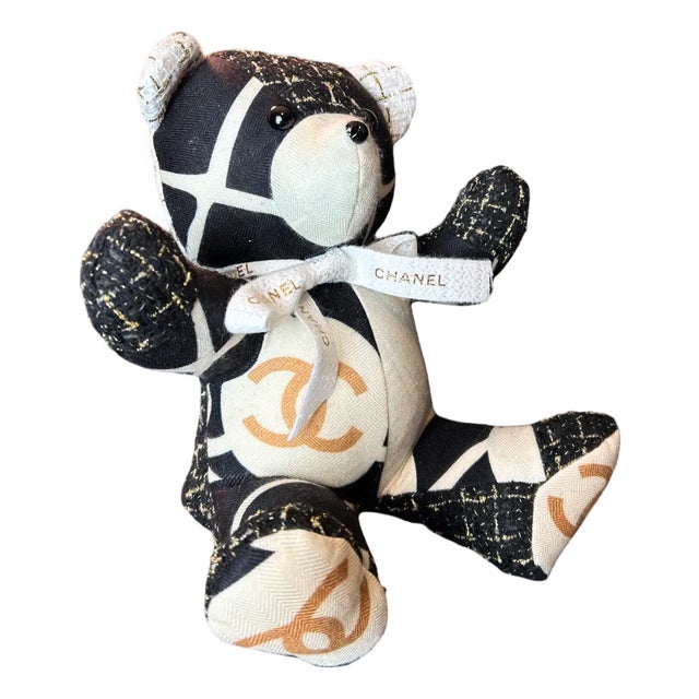 Chanel CC Logo Vintage Silk & Cashmere Scarf Tender Teddy Bear | Chairish