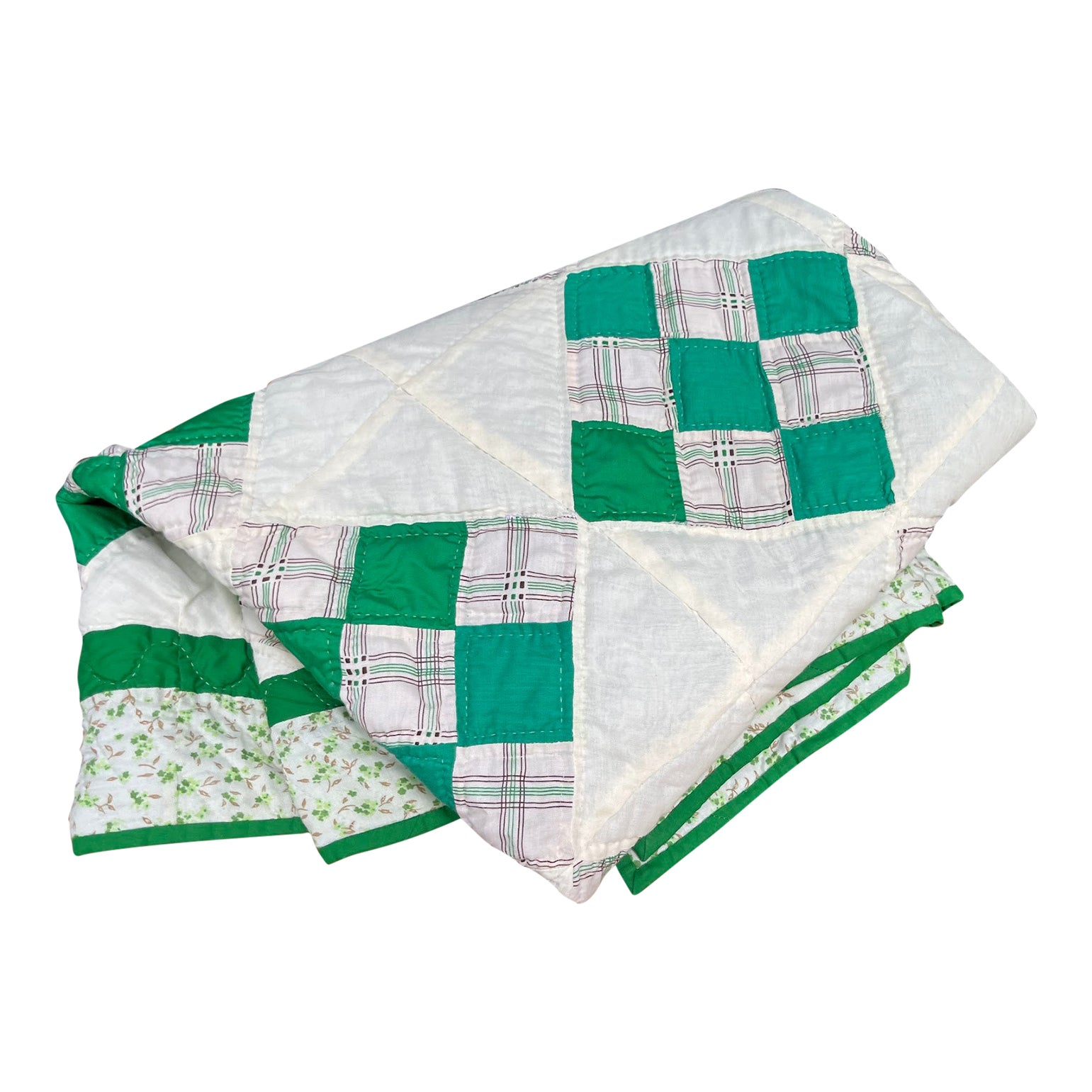 Green/White Geometric Quilt | Chairish