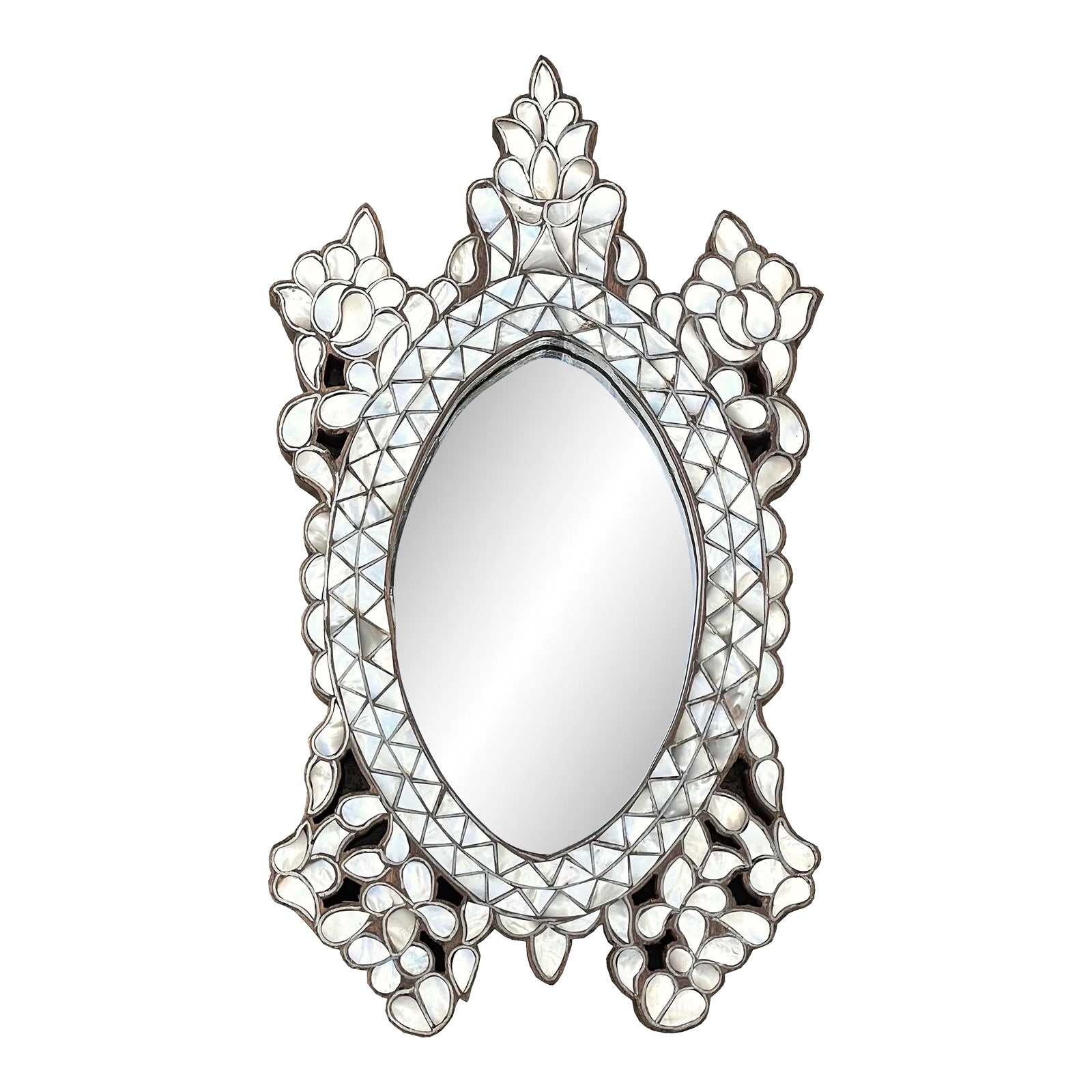 2000s Small Oval Shape Mother of Pearl Inlaid Mirror | Chairish