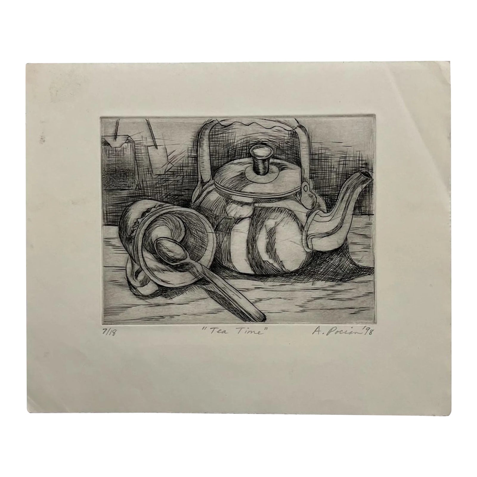 1998 Alina D. Pocian Woodblock Etching Artwork Titled Tea Time 7/18 ...