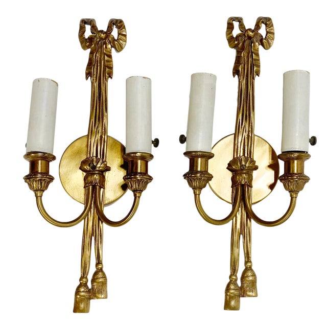 Vintage Cast Brass Ribbon and Tassel Motif Wall Sconces, a Pair | Chairish
