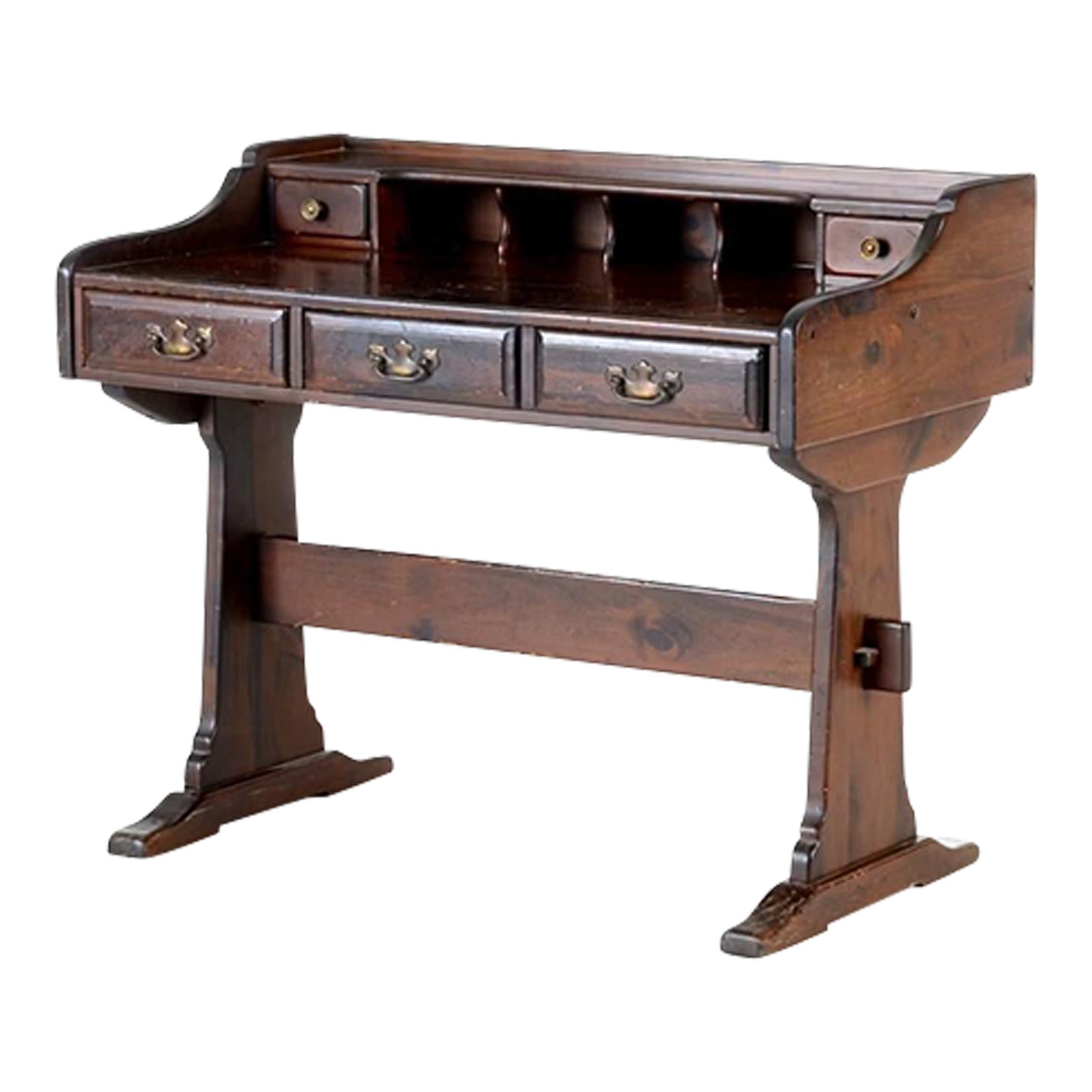 Kling Colonial Furniture Dark Pine Trestle Desk - Circa 1960 | Chairish