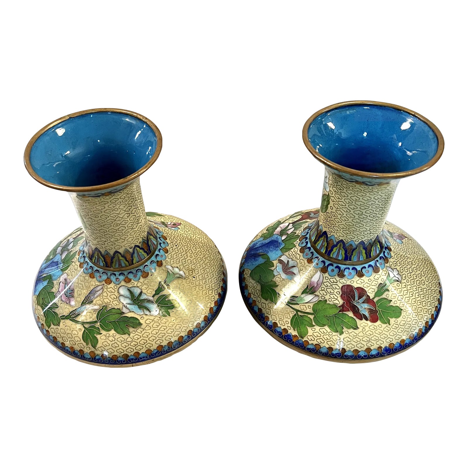 Antique Chinese Zi Jin Chen Yellow Floral Cloisonne Vases - a Pair ...