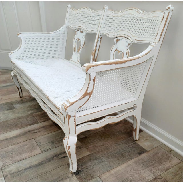 Rustic French Country Settee With Cane Accent and Rush Seat | Chairish