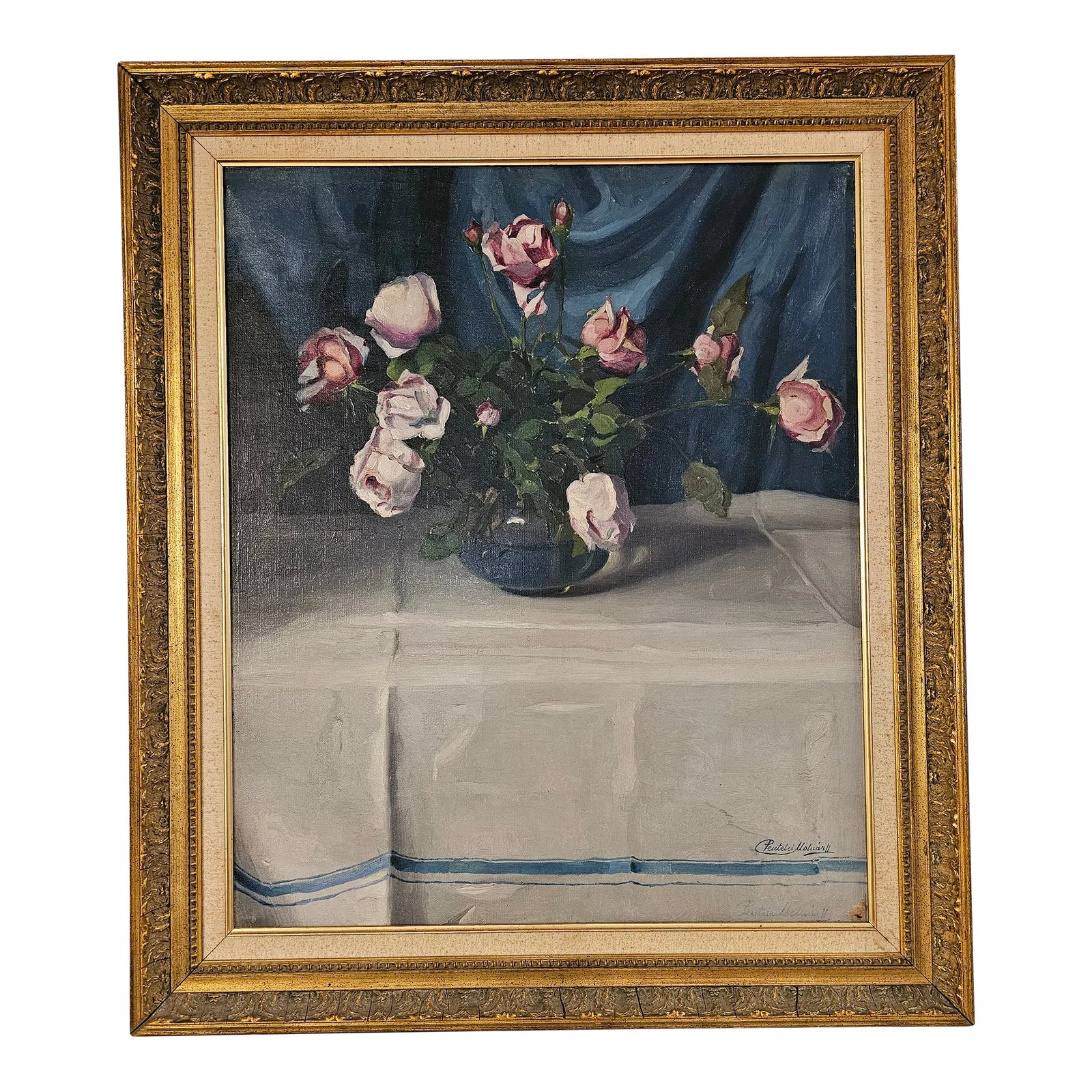 Antique Oil on Canvas Roses Still Life- Signed Pentelei-Molnar | Chairish