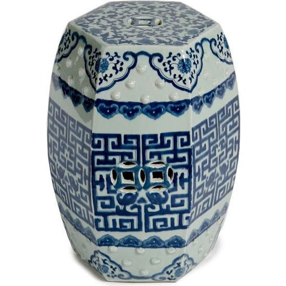 Hexagonal White & Blue Garden Stool | Chairish