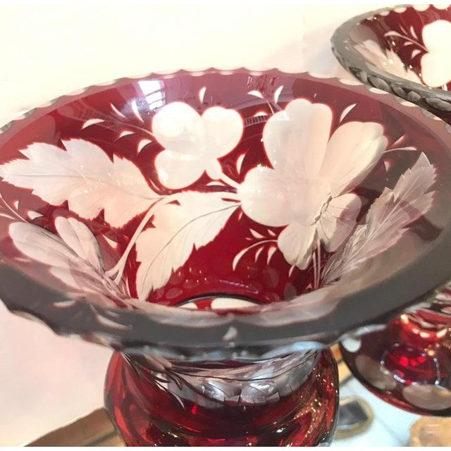 Pair of Antique Ruby Intaglio Cut to Clear Glass Campana Mantle Urns ...