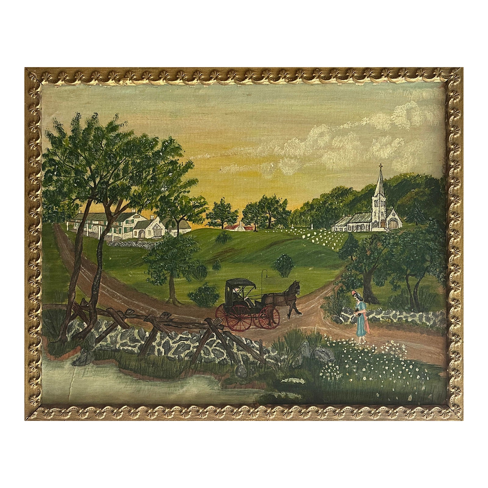 Antique Folk Art Primitive Sunset Landscape W/ Church and Figures ...