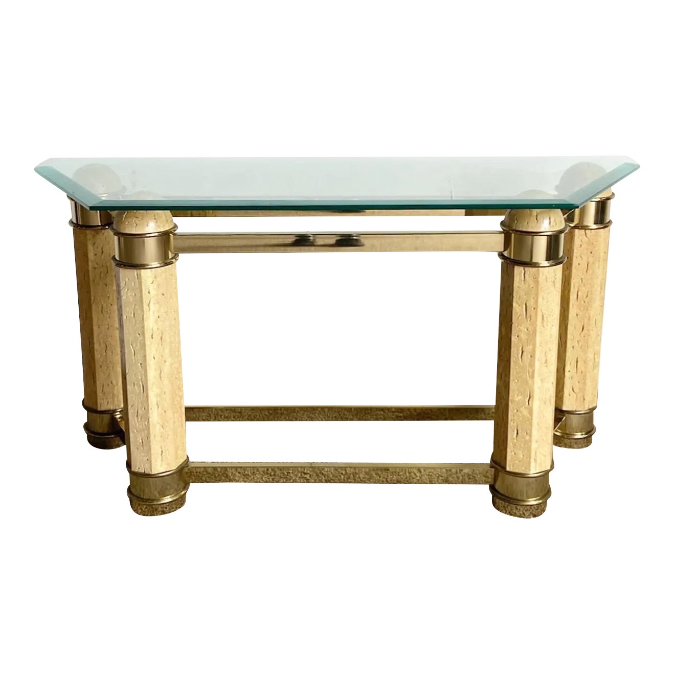 Postmodern Faux Stone and Brass Glass Top Console Table | Chairish