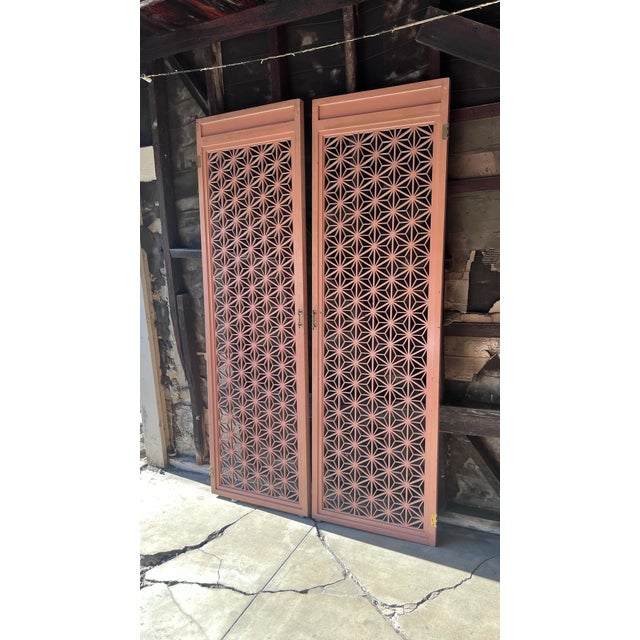 Pair of 1950's Japanese Kumiko Architecture Technique Wood Panel Doors ...