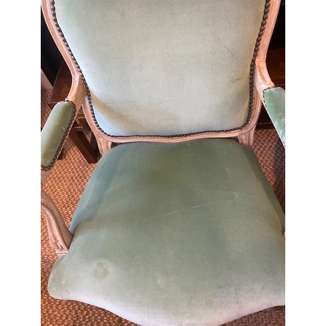 Green Velvet Louis XV Style Arm Chairs - a Pair | Chairish