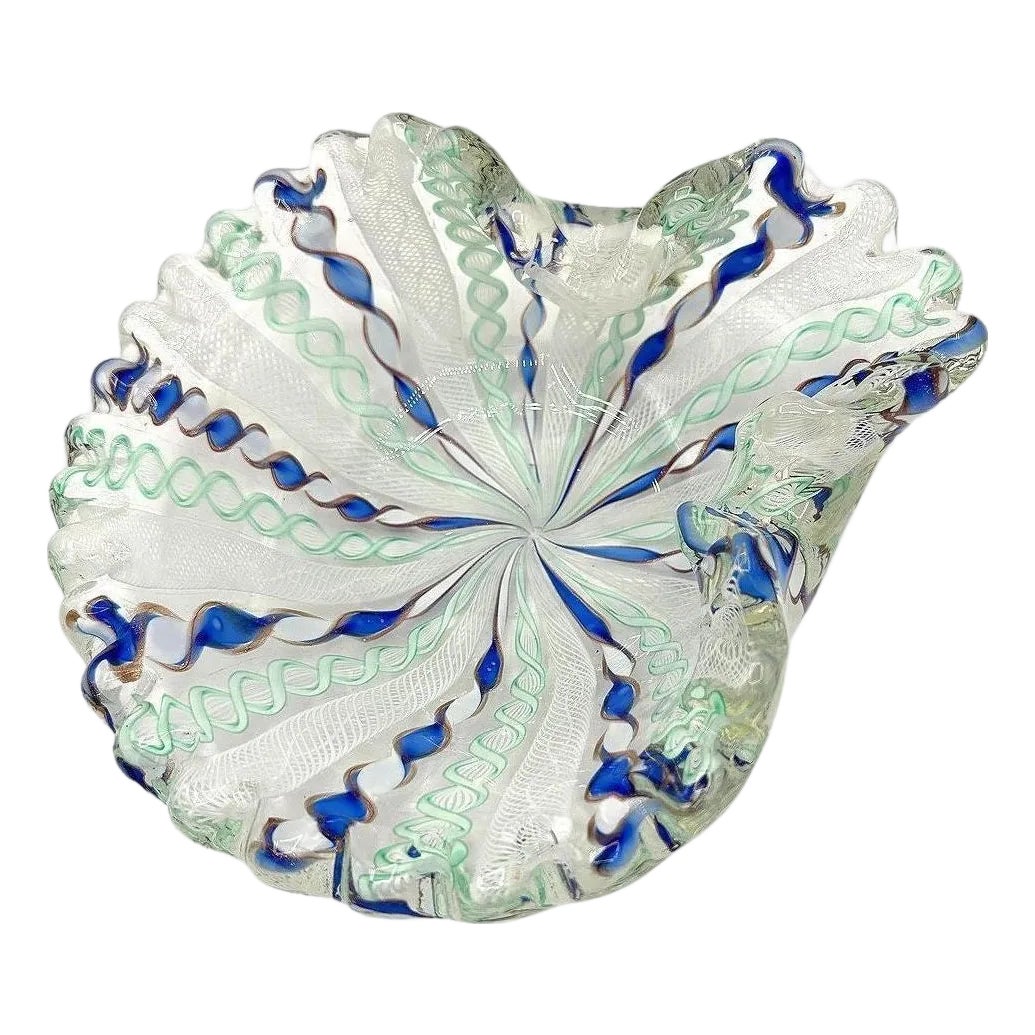 1960s Mid-Century Modern Art Glass Shell Dish Green Latticino Ribbons ...