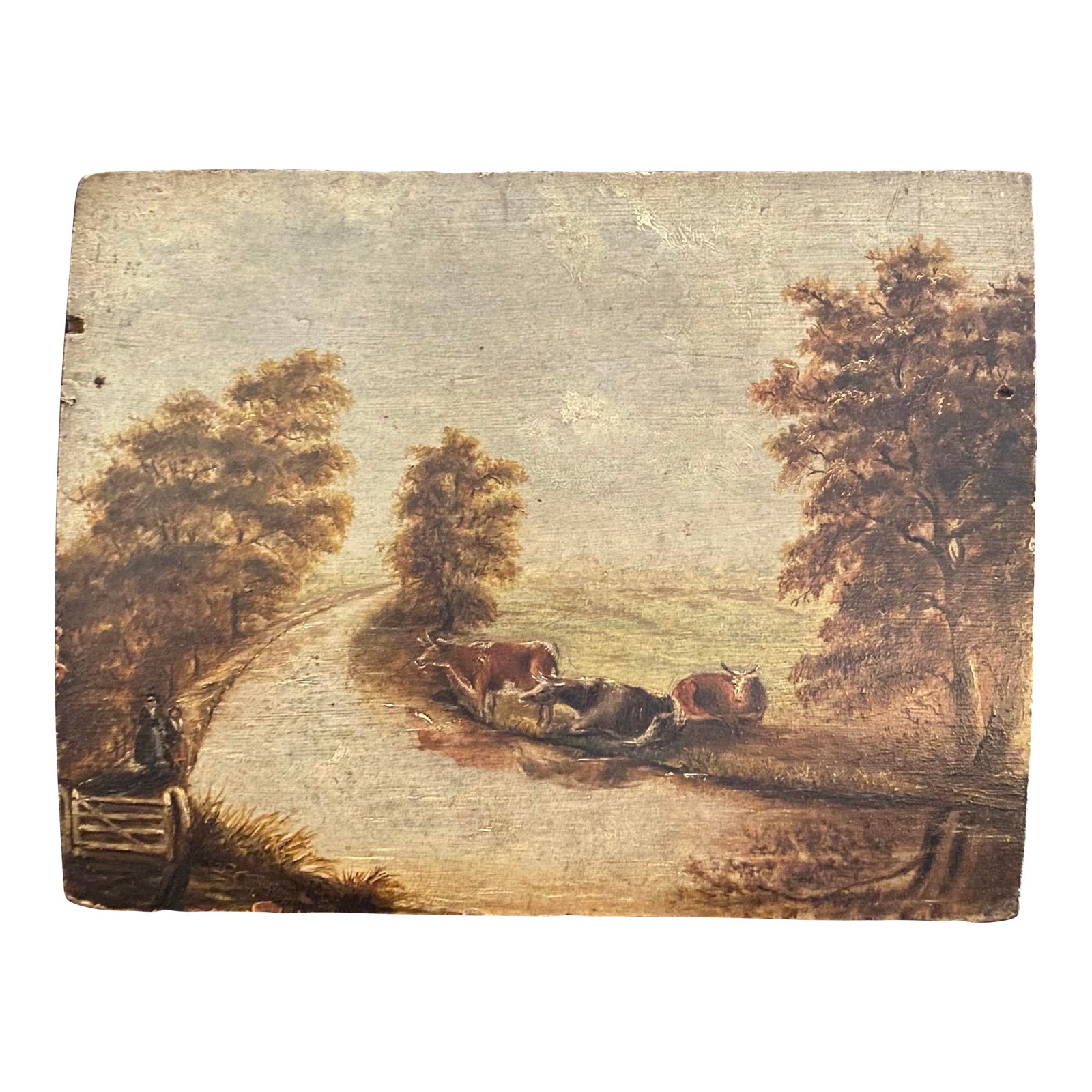19th C. Petite Antique English Pastoral Country Scene W/ Cows Oil ...