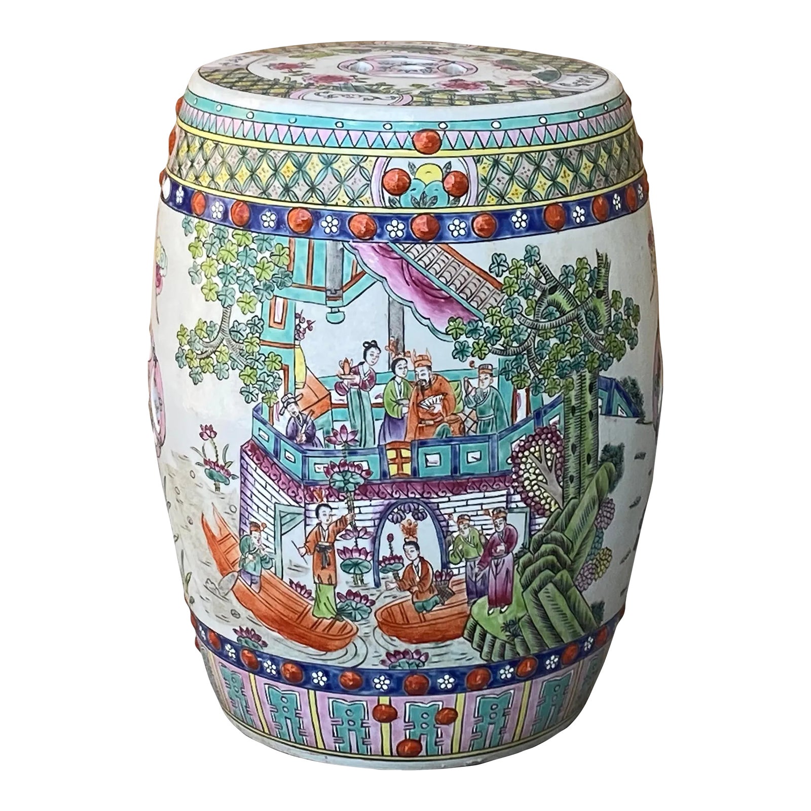 Vintage Oriental Famille Rose Mixed Color Porcelain Round Stool Ottoman ...