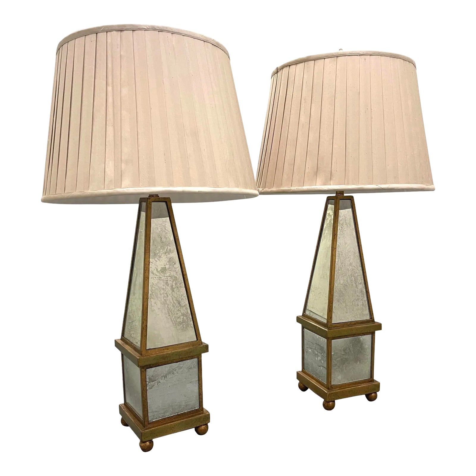 Vintage Italian Antiqued Mirrored Obelisk Lamps With Shades | Chairish