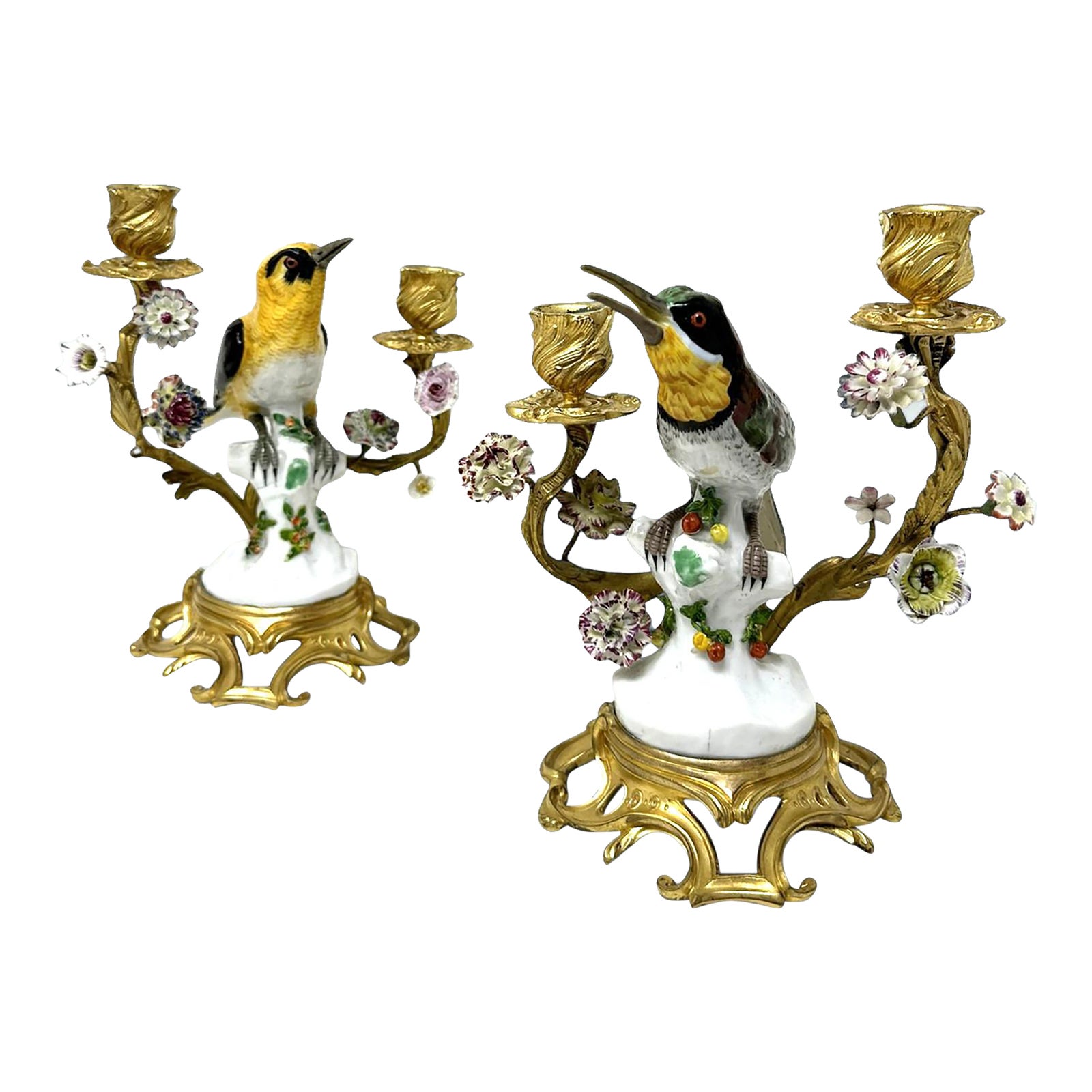 Antique Pair French Ormolu Gilt Porcelain Birds Candlesticks Candelabra ...