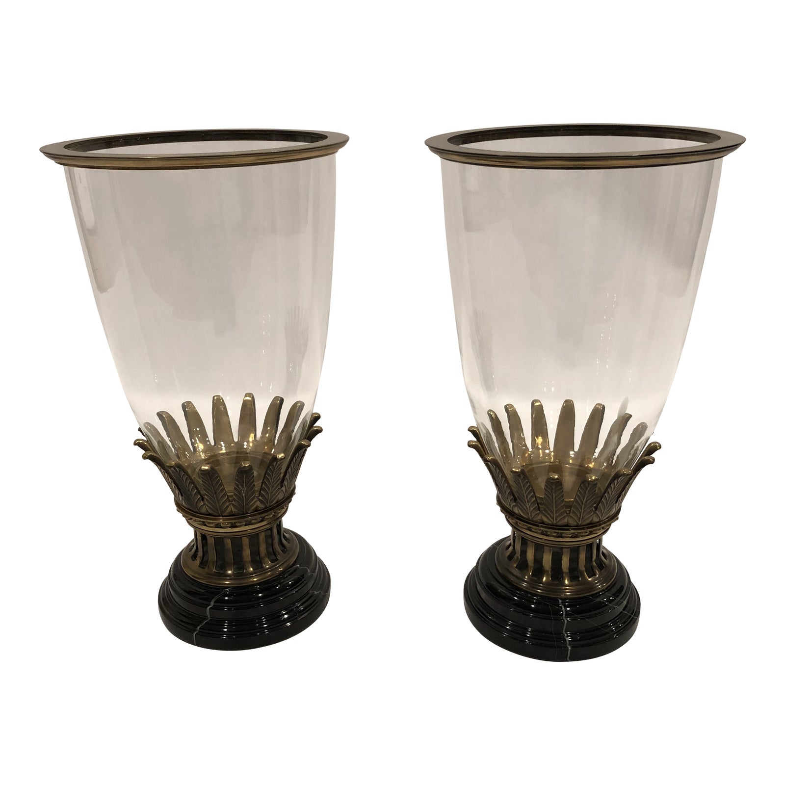Large Glass Hurricanes on Marble & Bronze Bases - a Pair | Chairish