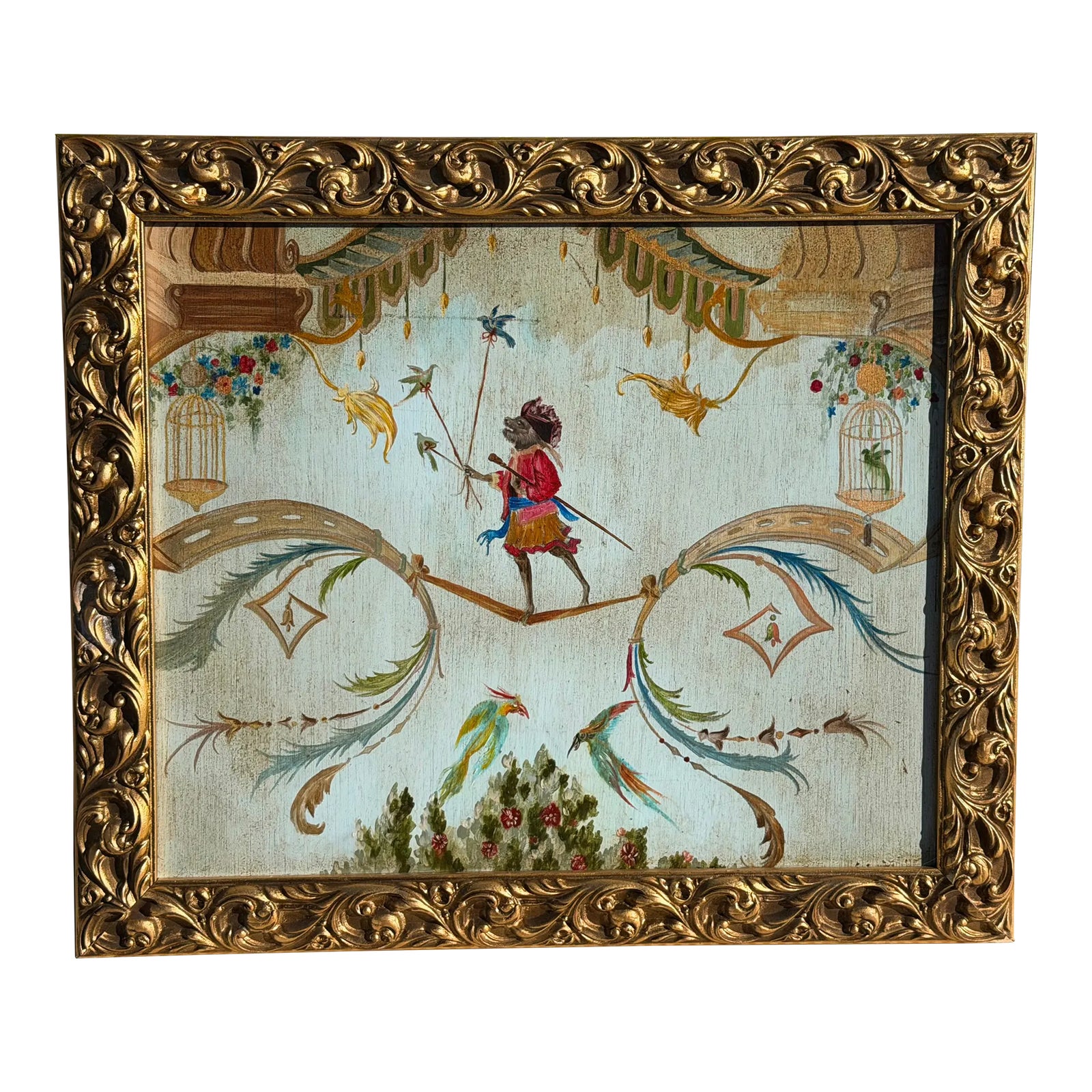 French Chinoiserie Style Singerie Monkey Painting | Chairish