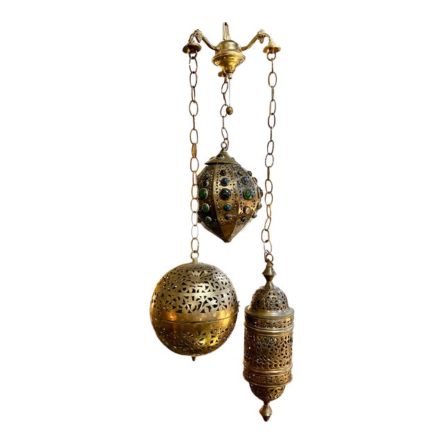 Vintage Mid 20th Century Boho Pierced Brass Moroccan Triple Lantern ...
