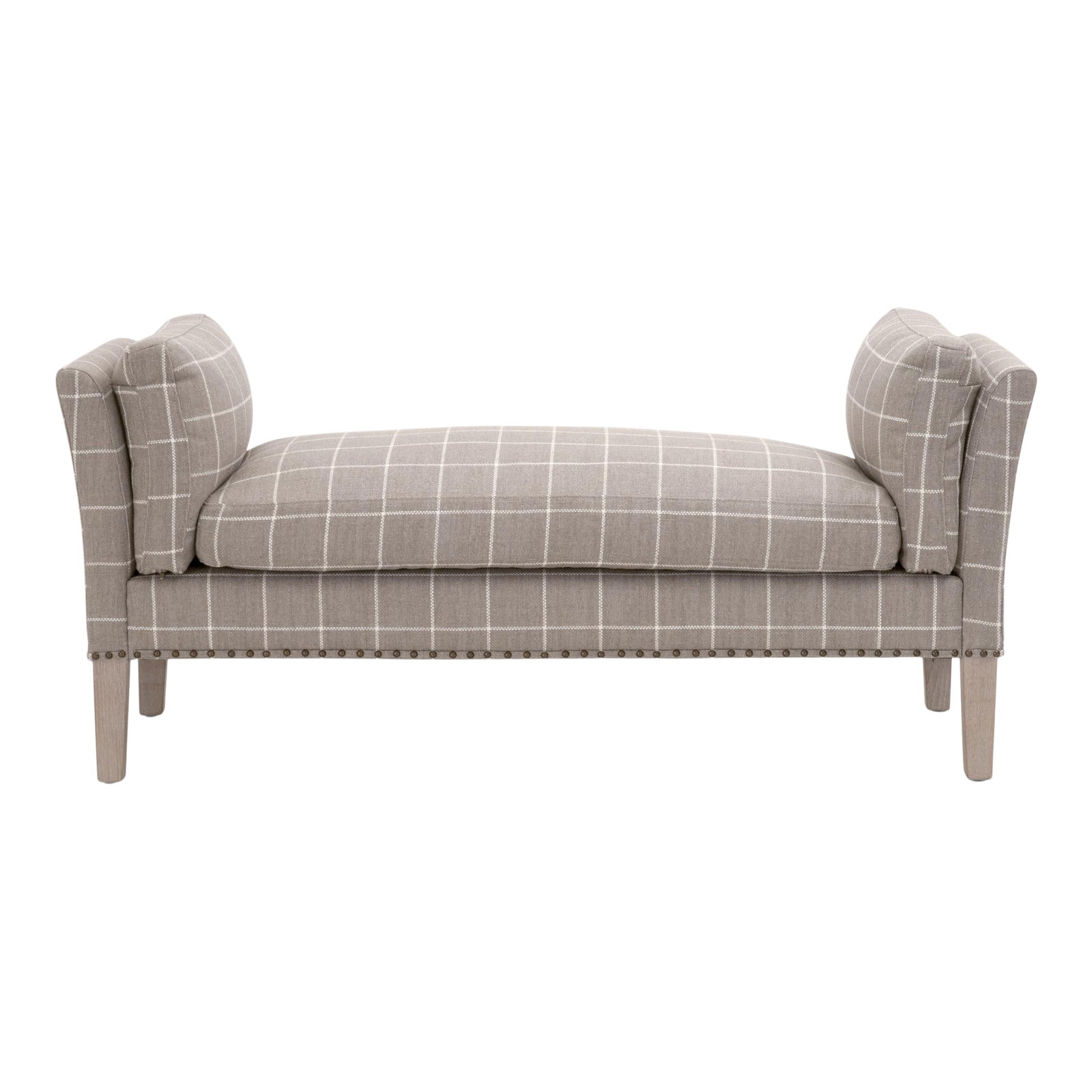 Warner Wood Bench, Windowpane Pebble Fabric | Chairish